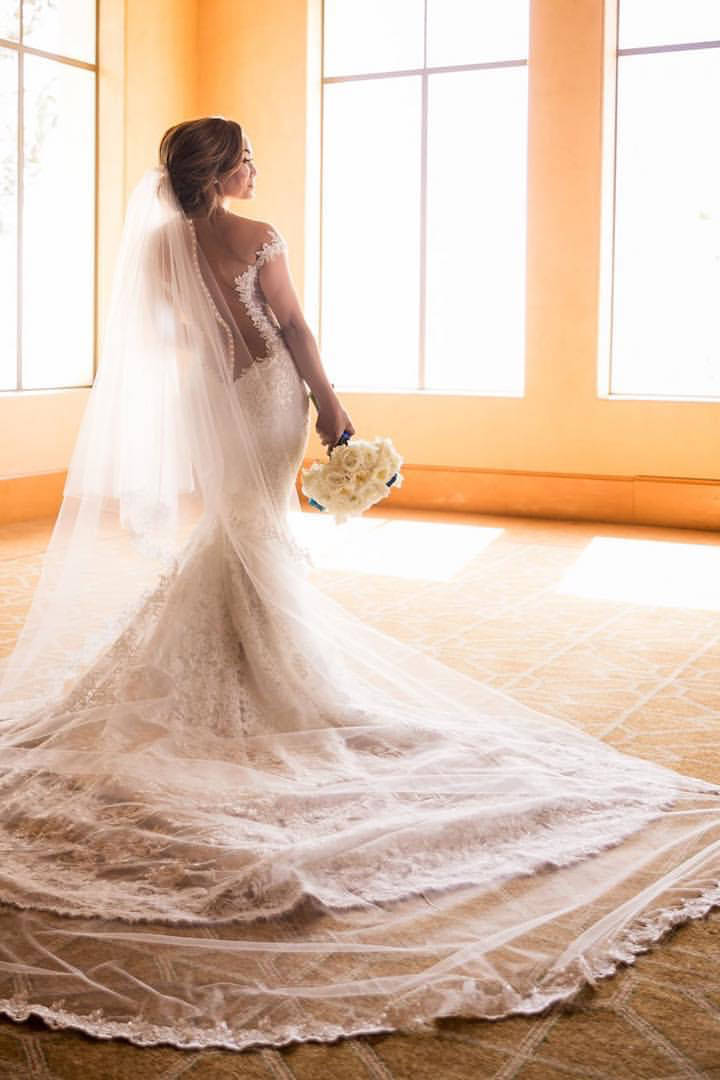 Cathedral Drop Veil with French Lace Trim and Blusher in White / Ivory ...