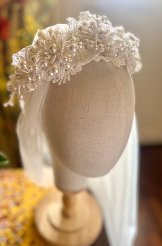 Pearl and Lace Headband Bridal Veil: Turban Headpiece – One Blushing ...